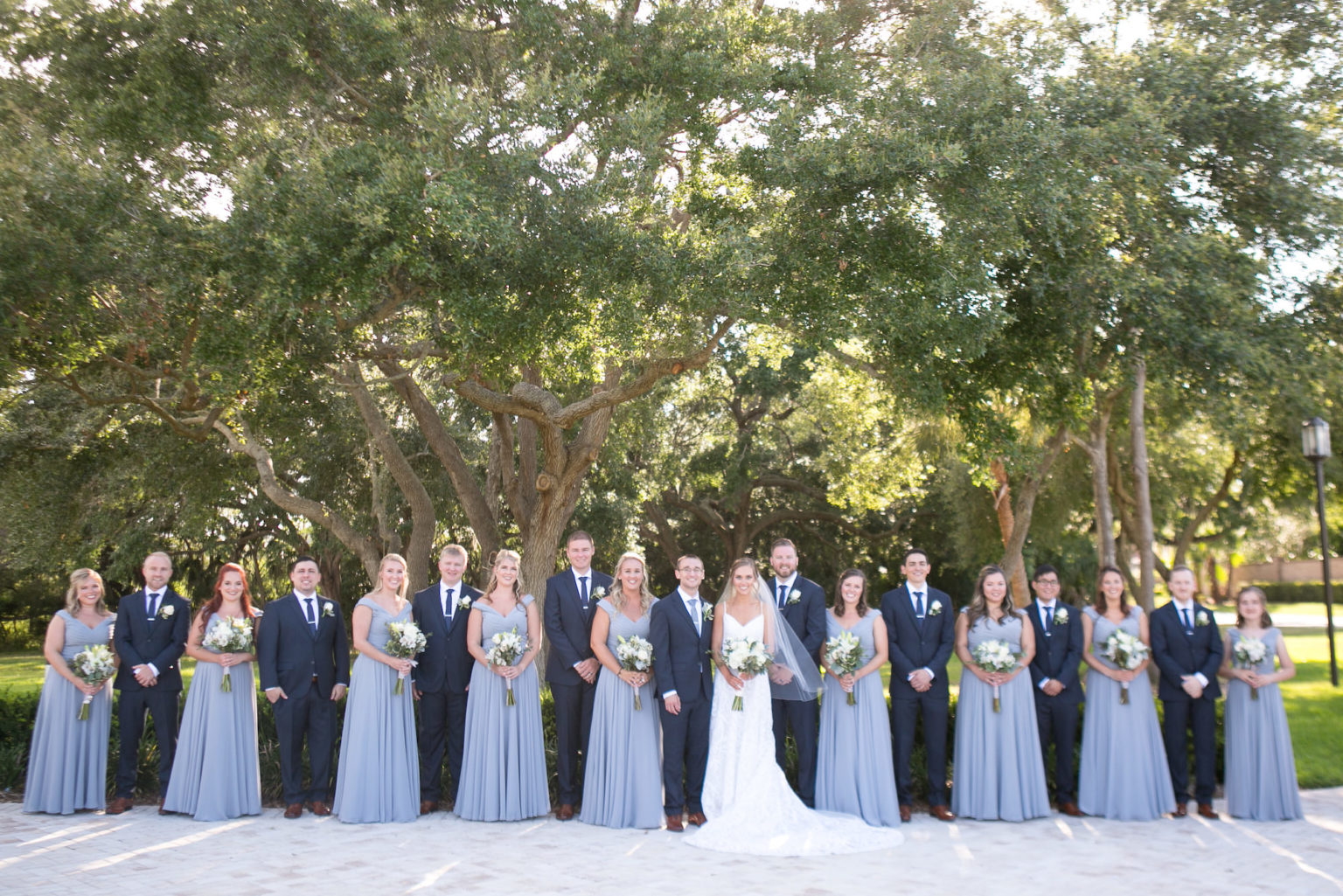 Bridesmaids in Dusty Blue Matching Dresses, Groomsmen in Blue Suits ...